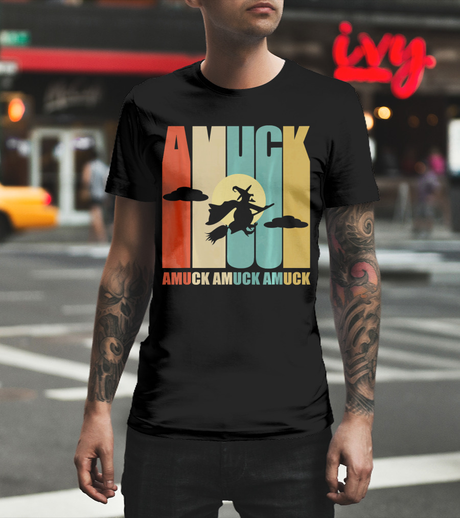 Amuck Amuck Amuck Vintage Witch On Broom Silhouette With Sunset Background T-Shirt