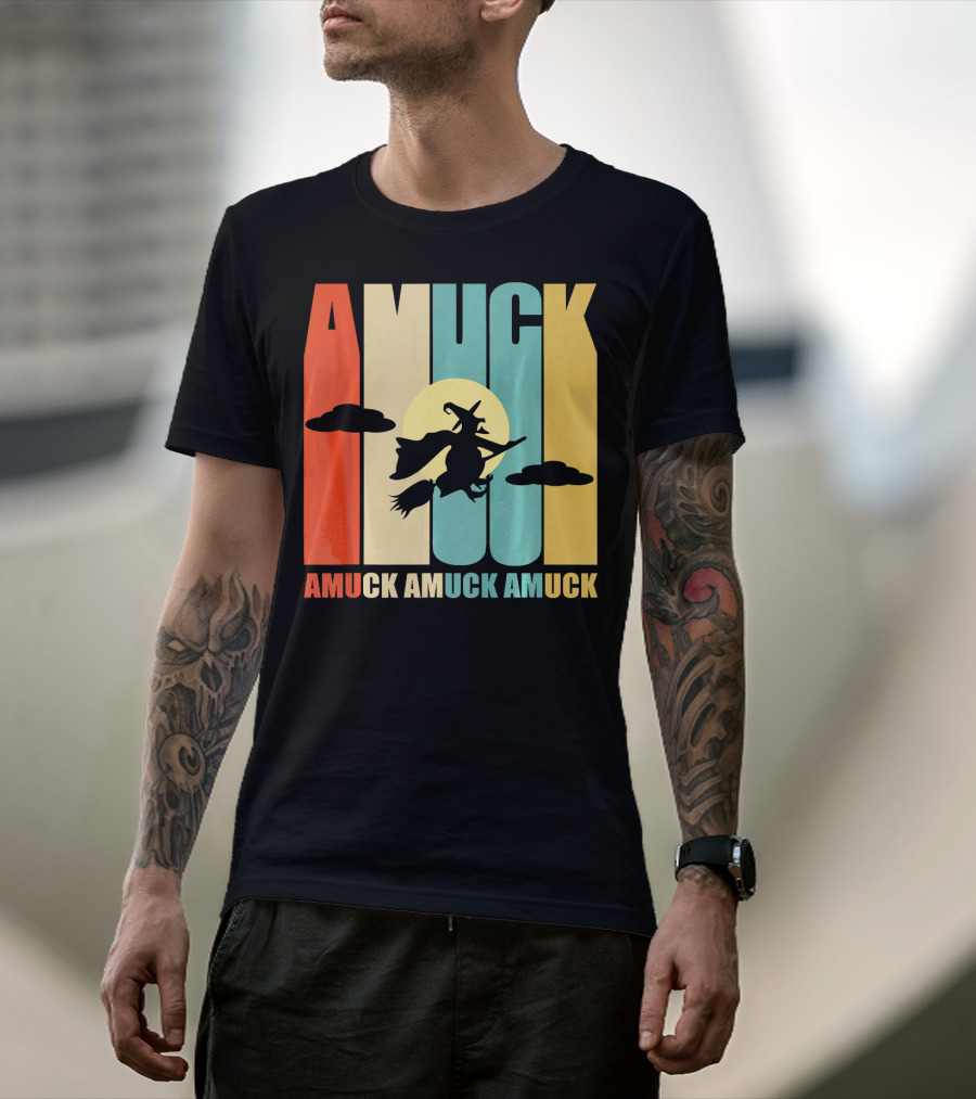 Amuck Amuck Amuck Vintage Witch On Broom Silhouette With Sunset Background T-Shirt