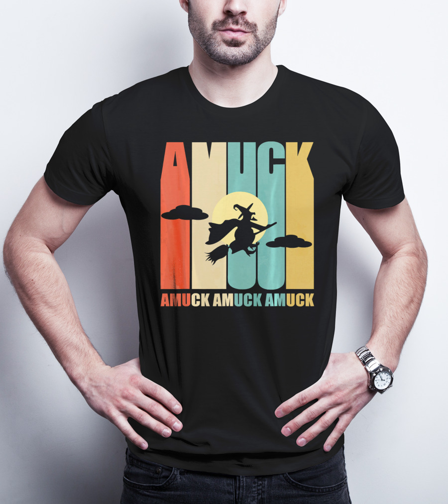 Amuck Amuck Amuck Vintage Witch On Broom Silhouette With Sunset Background T-Shirt