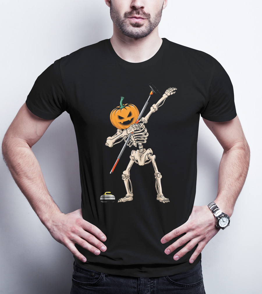 Pumpkin Skeleton Dabbing Curling Halloween T-Shirt