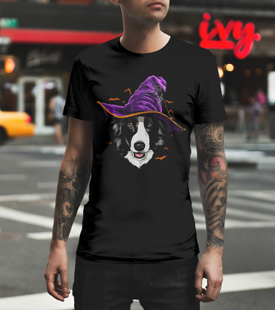 Border Collie Halloween Witch Hat With Flying Bats T-Shirt