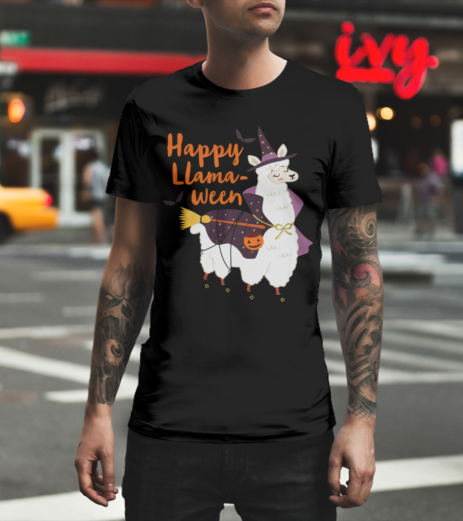 Happy Llamaween Witchy Halloween Llama With Hat And Broom T-Shirt