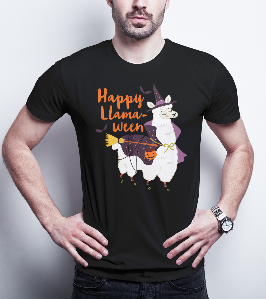 Happy Llamaween Witchy Halloween Llama With Hat And Broom T-Shirt