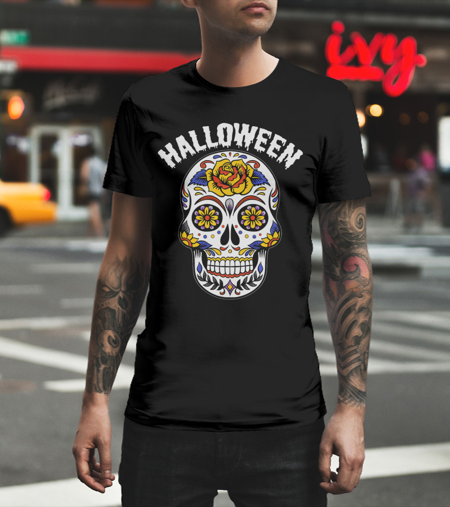 Halloween Calaveras Skull With Floral T-Shirt
