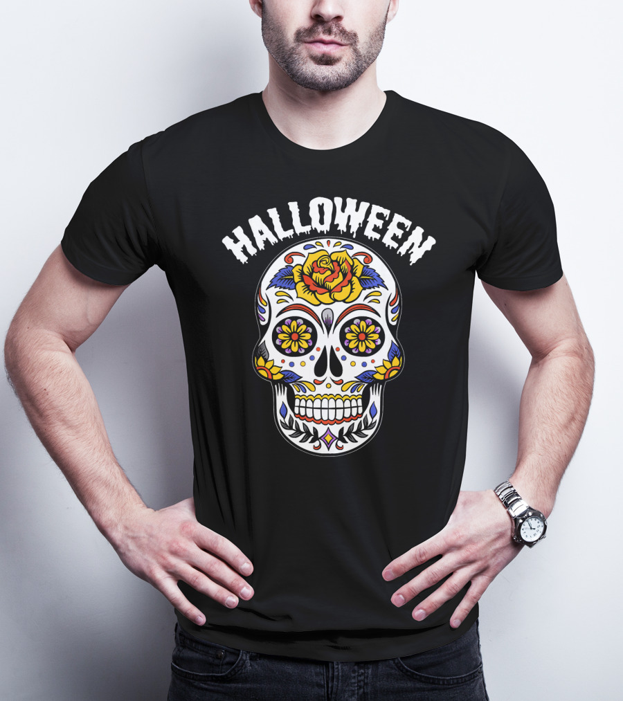 Halloween Calaveras Skull With Floral T-Shirt
