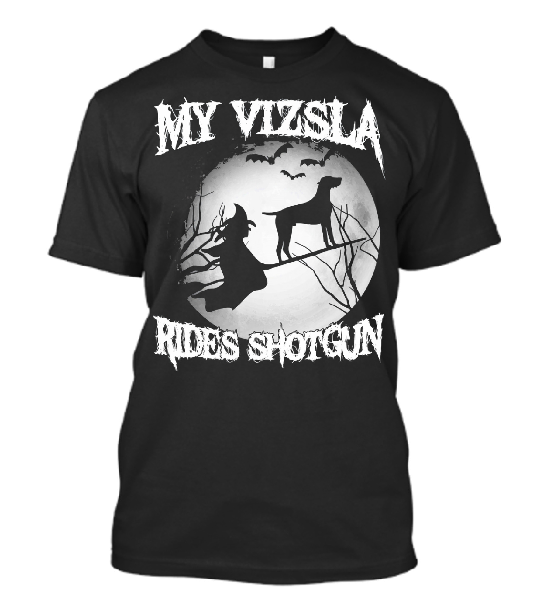 My Vizsla Rides Shotgun Halloween Witch Moon Bats T-Shirt