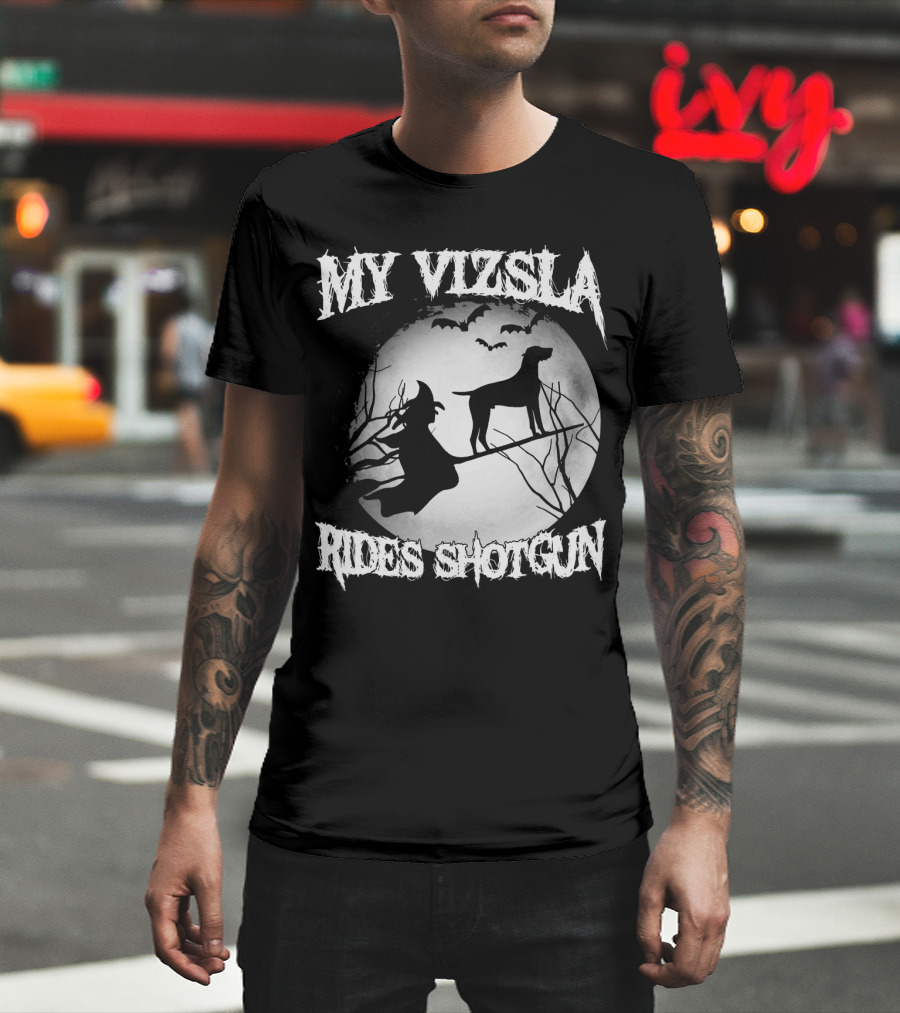 My Vizsla Rides Shotgun Halloween Witch Moon Bats T-Shirt