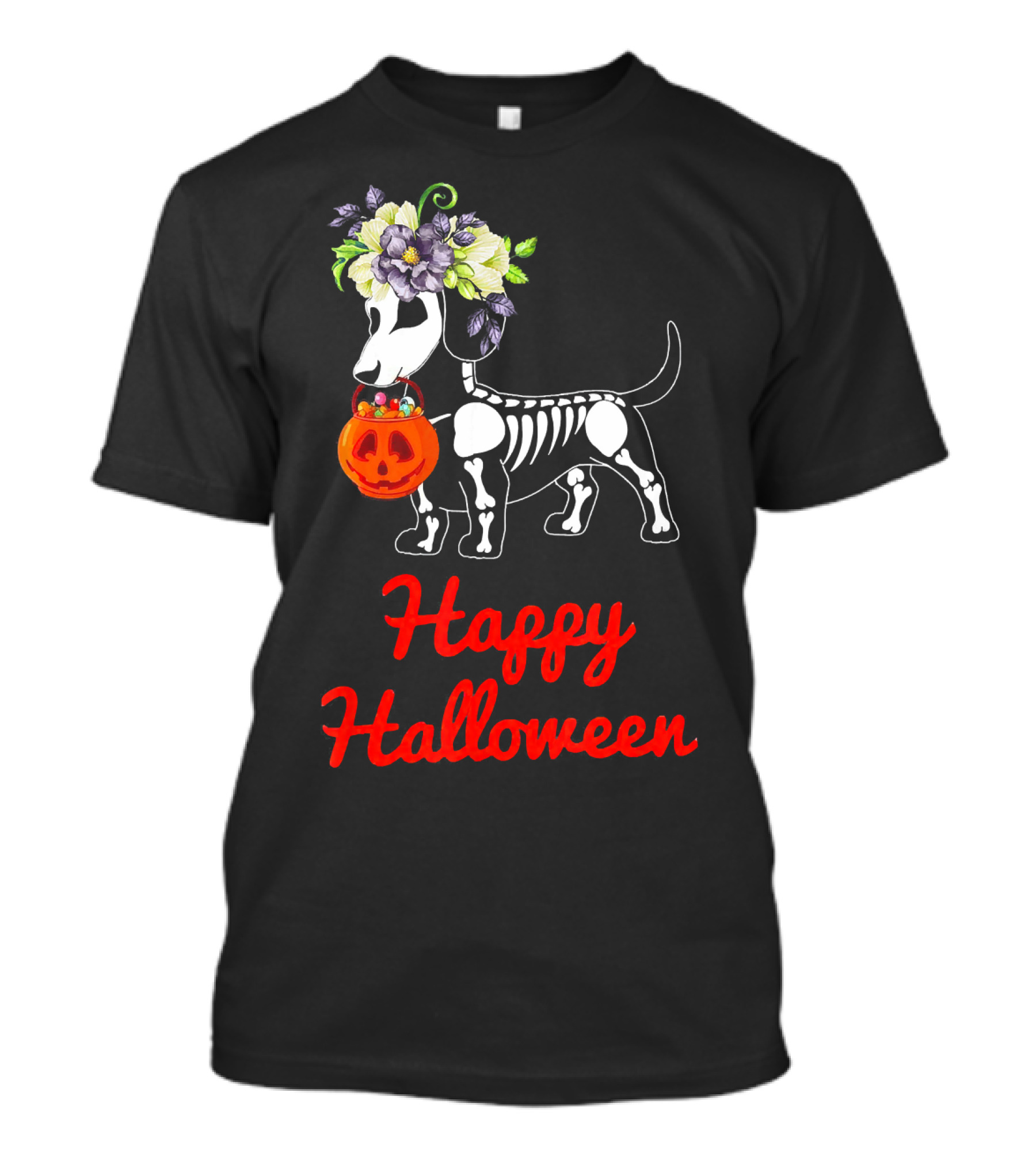 Happy Halloween Skeleton Dachshund With Pumpkin And Floral Crown T-Shirt