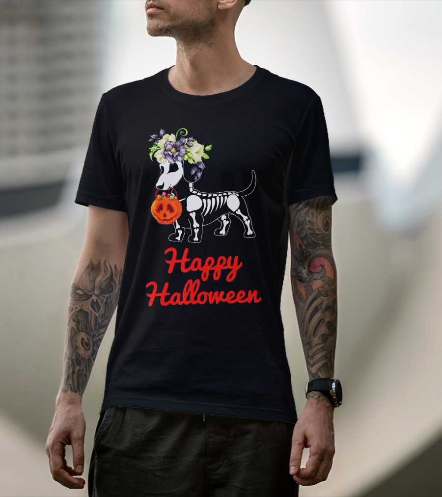 Happy Halloween Skeleton Dachshund With Pumpkin And Floral Crown T-Shirt
