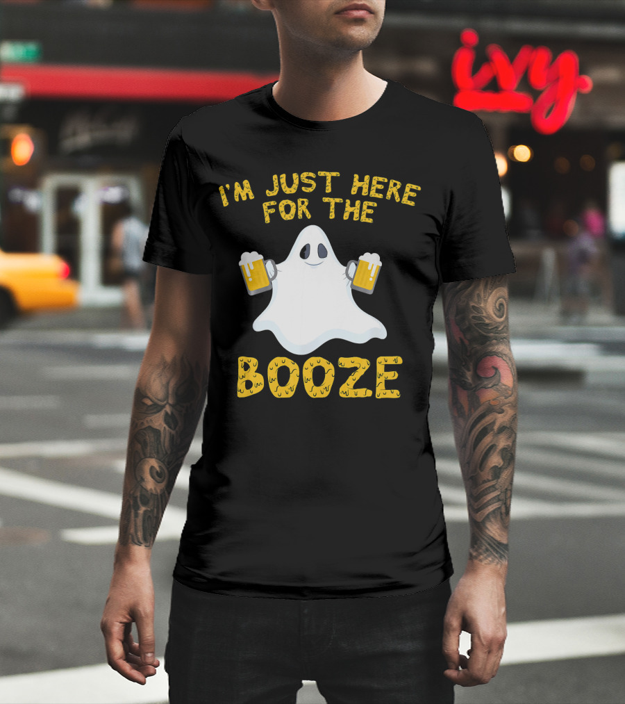 I'm Just Here For The Booze Ghost Holding Beer Mugs T-Shirt
