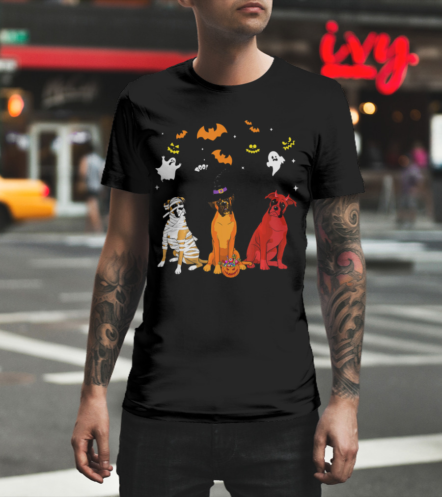 Halloween Boxer Dogs Mummy Witch Ghosts Bats T-Shirt