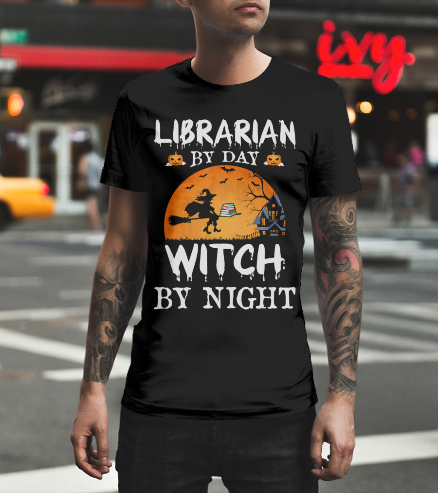 Librarian By Day Witch By Night Halloween Broomstick Silhouette With Books And Haunted House T-Shirt