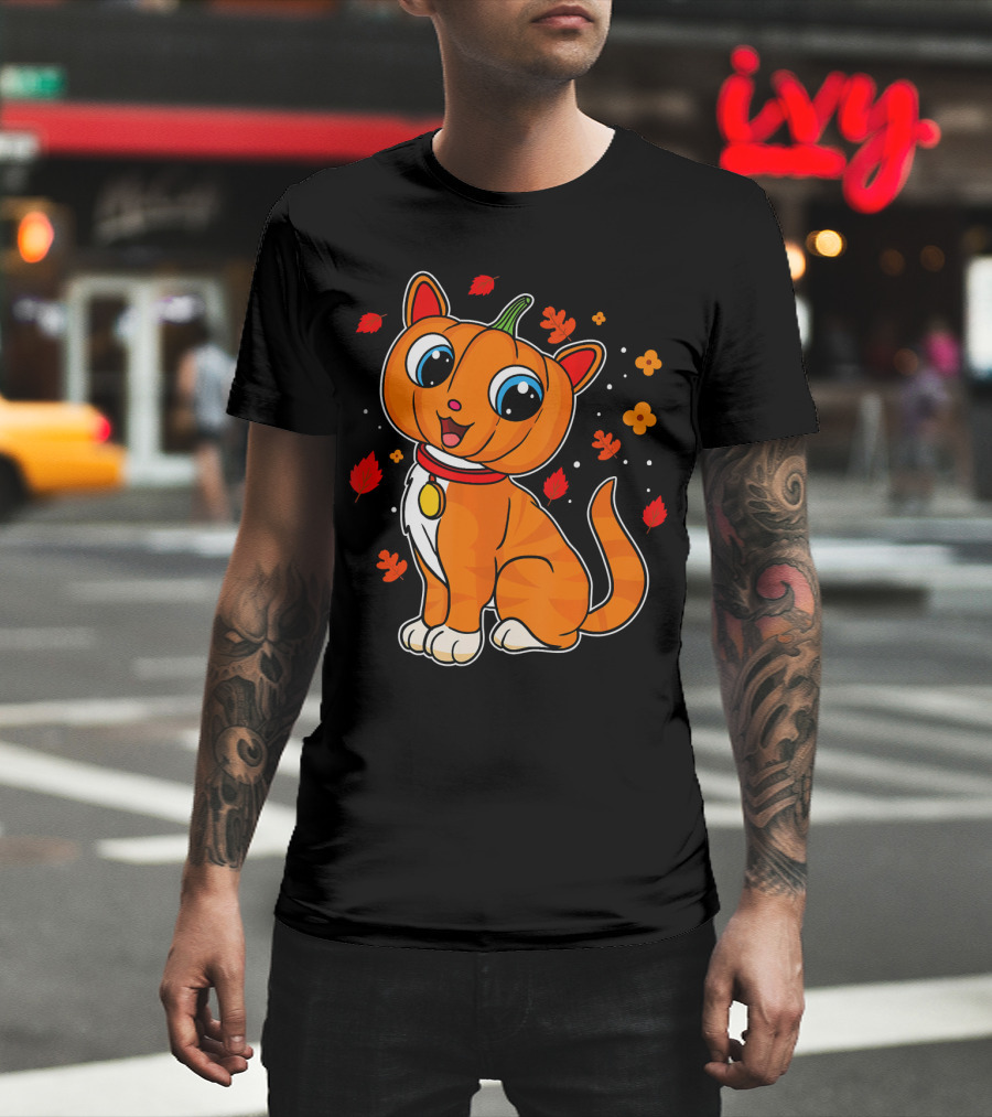 Halloween Pumpkin Cat With Autumn Leaves And Flowers T-Shirt