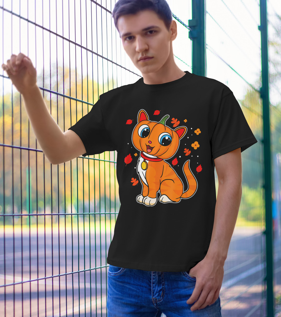 Halloween Pumpkin Cat With Autumn Leaves And Flowers T-Shirt