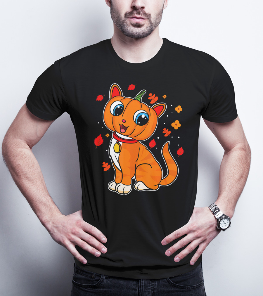 Halloween Pumpkin Cat With Autumn Leaves And Flowers T-Shirt