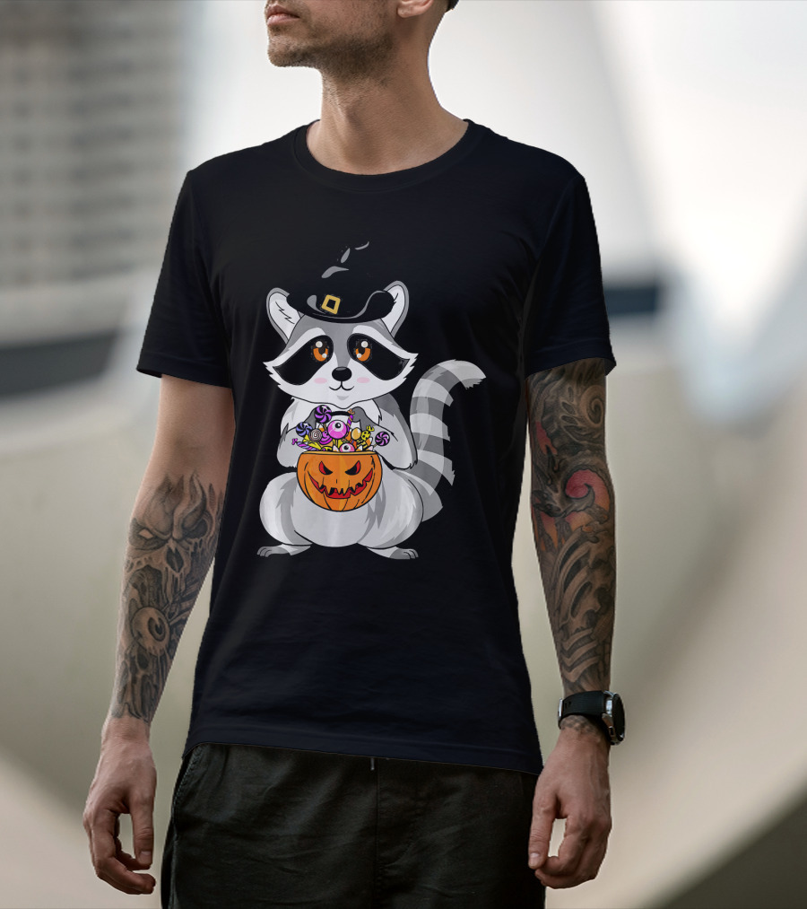 Halloween Raccoon Witch Hat Pumpkin Candy T-Shirt
