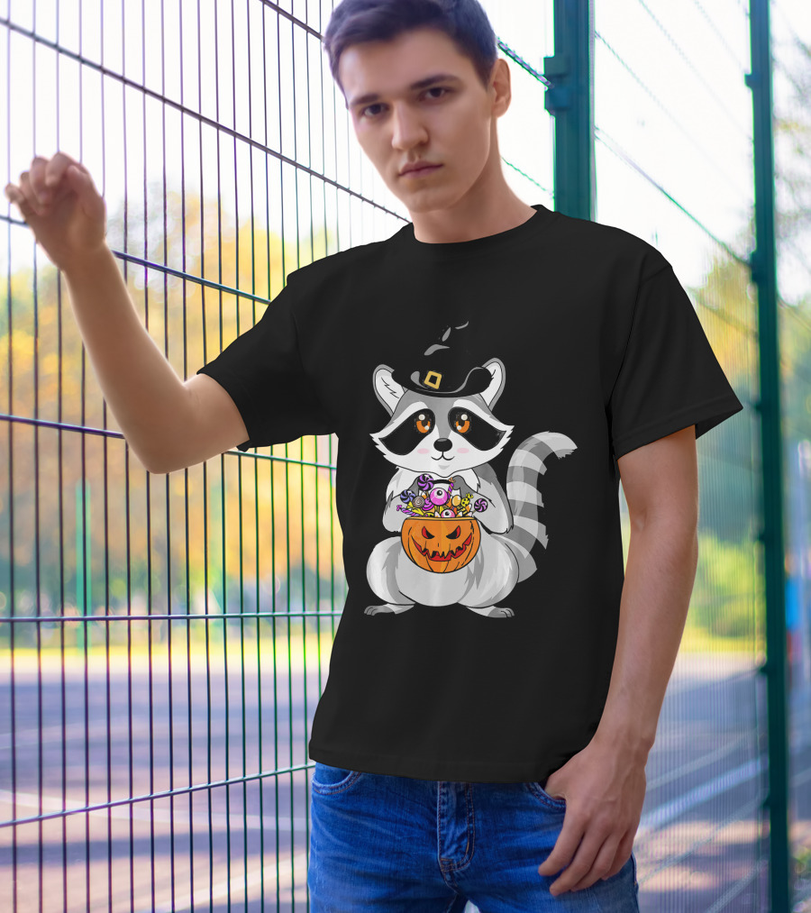 Halloween Raccoon Witch Hat Pumpkin Candy T-Shirt