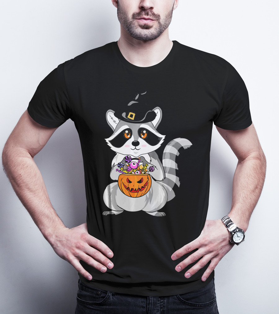 Halloween Raccoon Witch Hat Pumpkin Candy T-Shirt