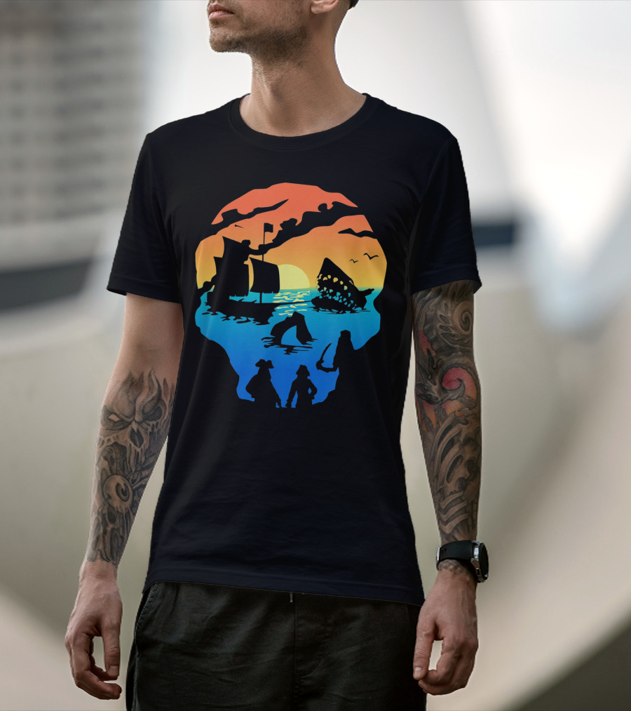 Mens Skeleton Skull Pirate Ship Sunset T-Shirt