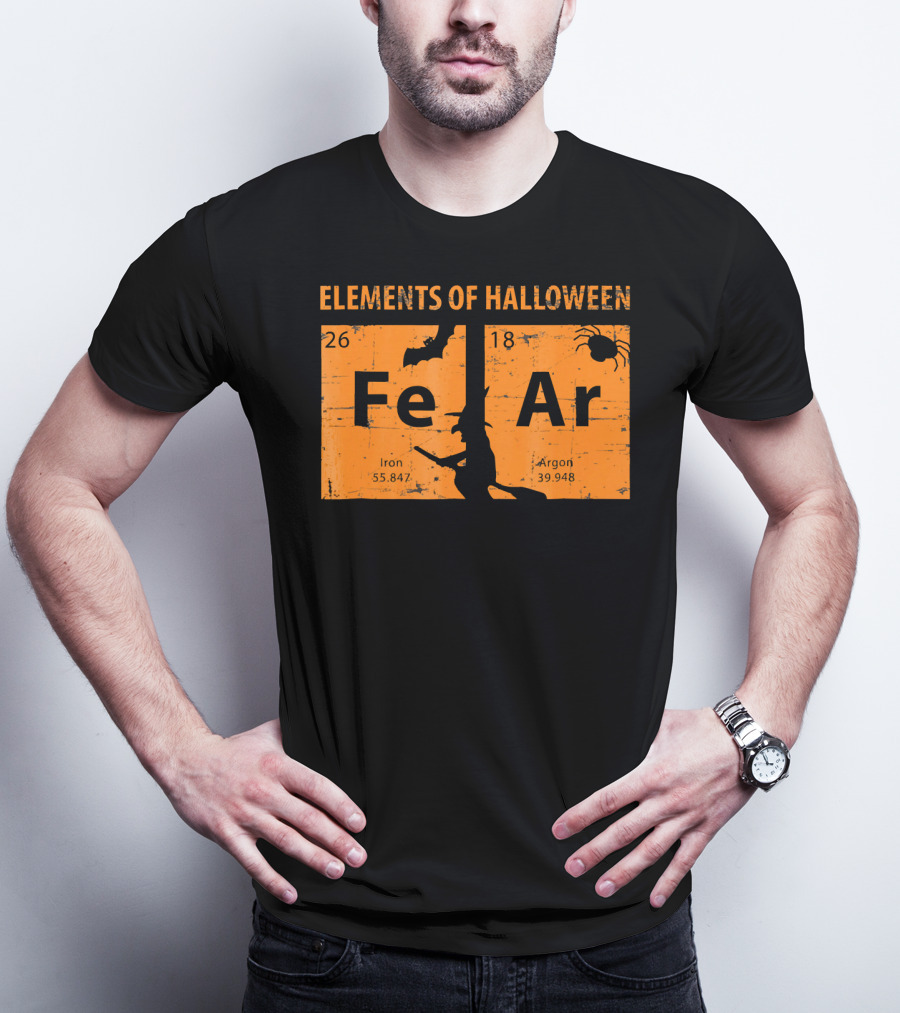 Elements Of Halloween Periodic Table Fe Ar 26 18 Iron Argon Witch Bat Spider T-Shirt