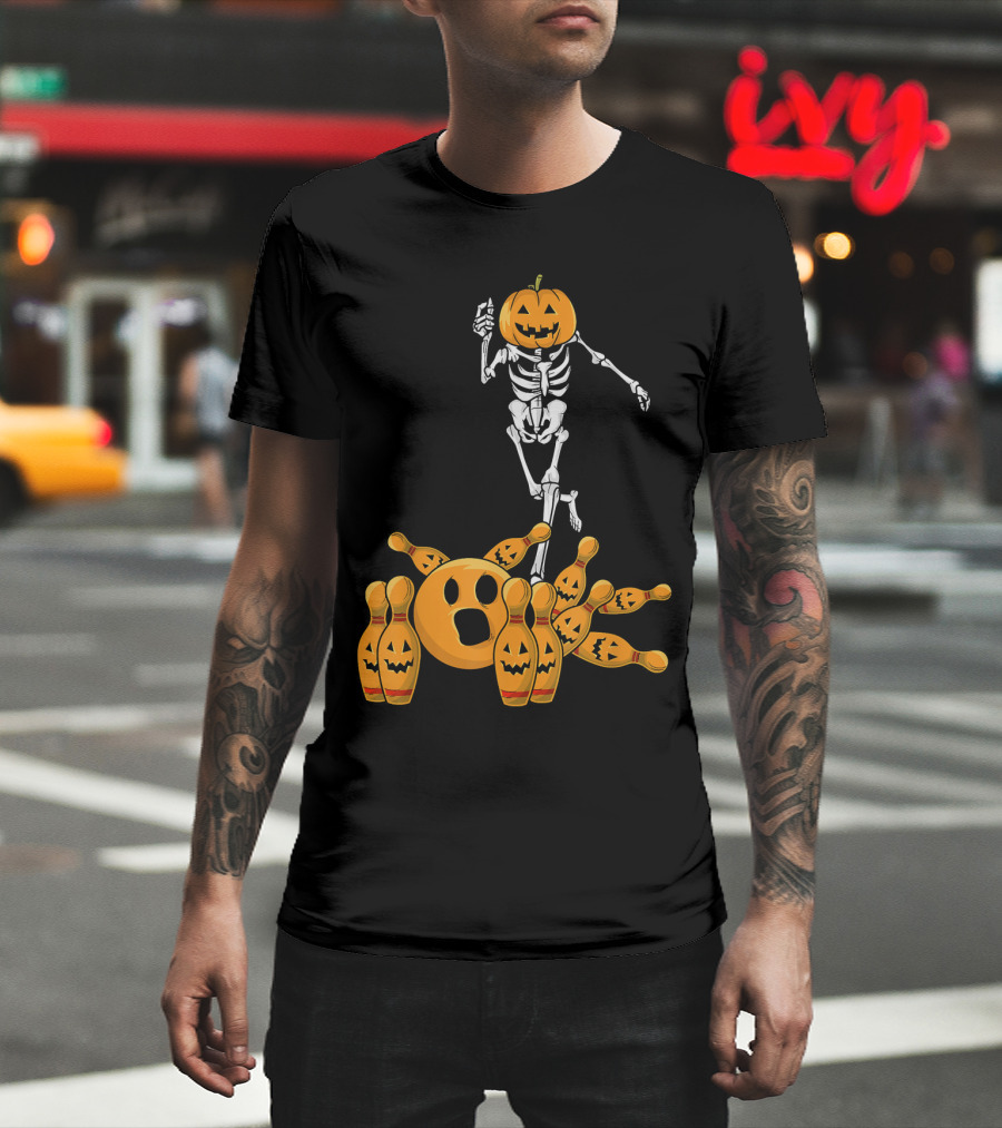 Bones Skeleton Pumpkin Head Halloween Bowling Pin Strike T-Shirt