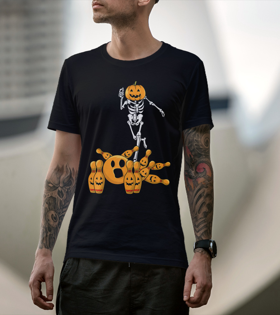 Bones Skeleton Pumpkin Head Halloween Bowling Pin Strike T-Shirt