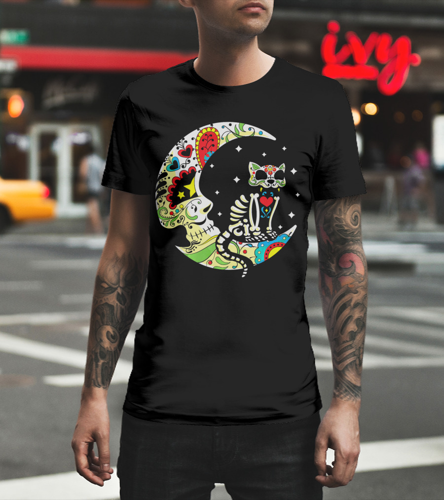 Dia De Los Muertos Halloween Sugar Skull Cat On Crescent Moon T-Shirt