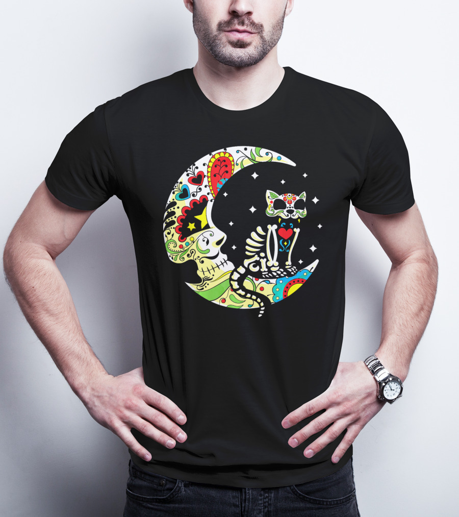Dia De Los Muertos Halloween Sugar Skull Cat On Crescent Moon T-Shirt