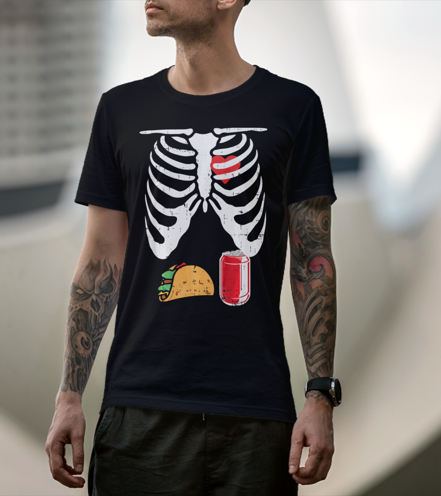 Skeleton Ribcage Heart Taco Beer Can Xray T-Shirt