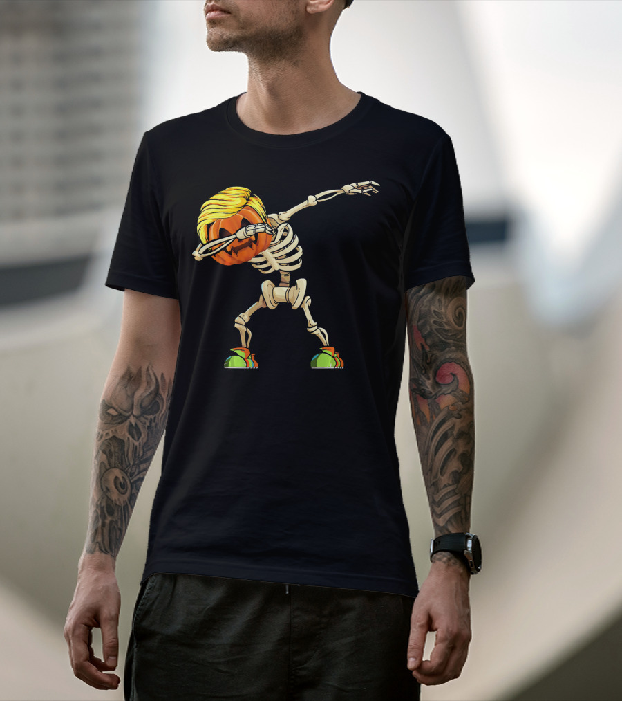 Funny Halloween Dabbing Skeleton Pumpkin With Golden Hair And Colorful Sneakers T-Shirt