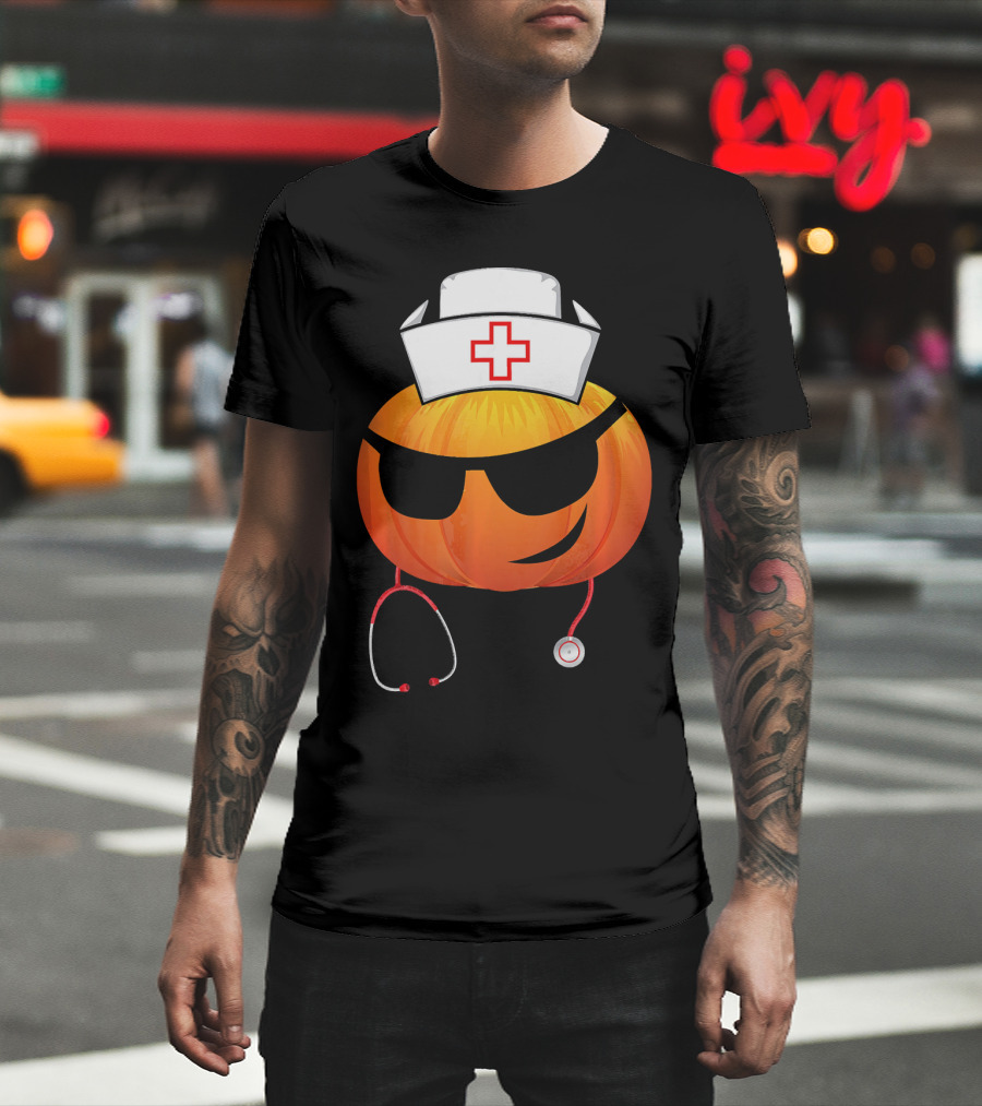 Smiling Pumpkin Nurse Emoji With Stethoscope Halloween T-Shirt