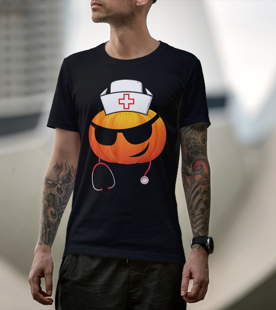 Smiling Pumpkin Nurse Emoji With Stethoscope Halloween T-Shirt