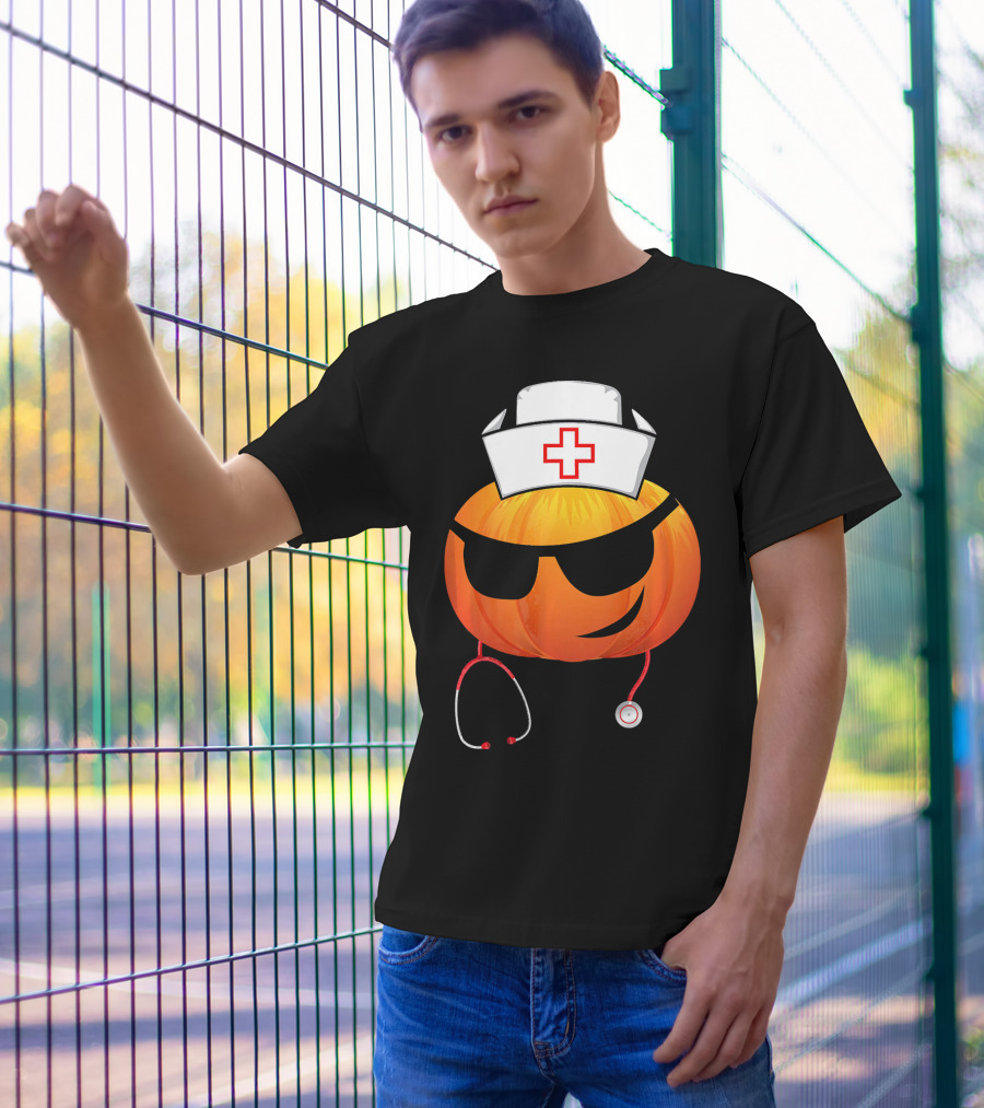 Smiling Pumpkin Nurse Emoji With Stethoscope Halloween T-Shirt