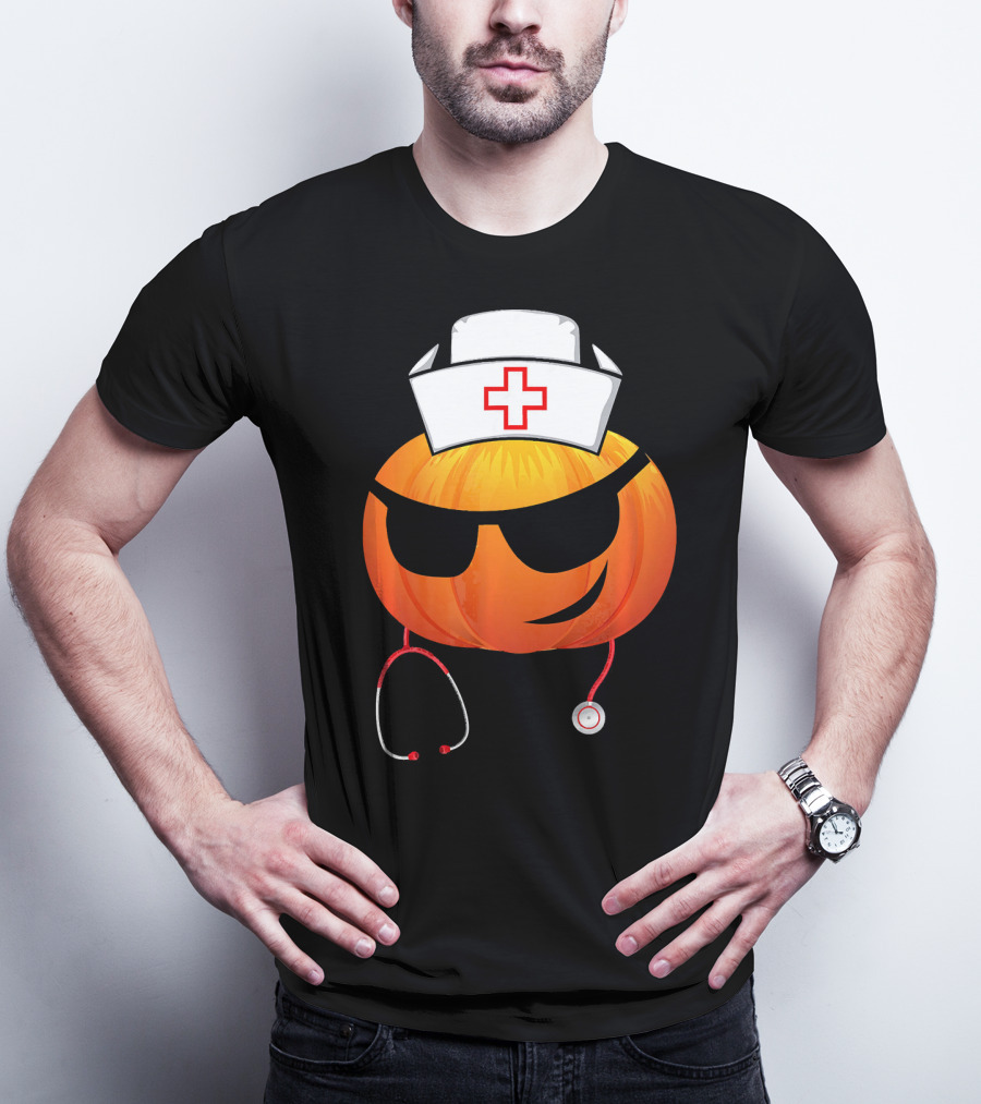 Smiling Pumpkin Nurse Emoji With Stethoscope Halloween T-Shirt