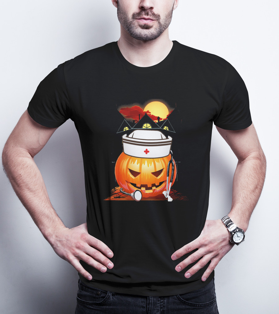 Nurse Pumpkin Halloween With Stethoscope And Haunted House T-Shirt