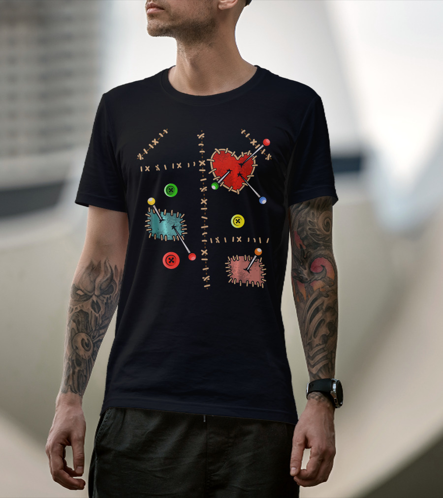 Voodoo Doll Halloween Costume With Heart And Button Patches T-Shirt