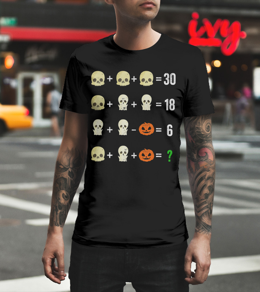 Math Puzzle Halloween Skulls And Pumpkins Calculation Challenge T-Shirt