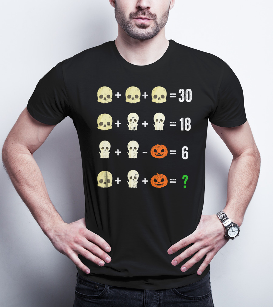 Math Puzzle Halloween Skulls And Pumpkins Calculation Challenge T-Shirt