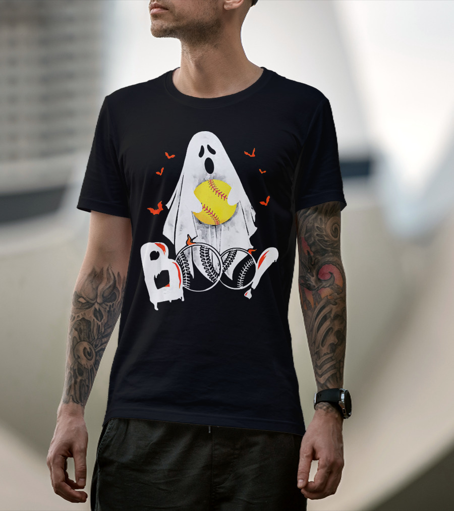 Ghostly Boo Softball With Yellow Softball And Bats T-Shirt