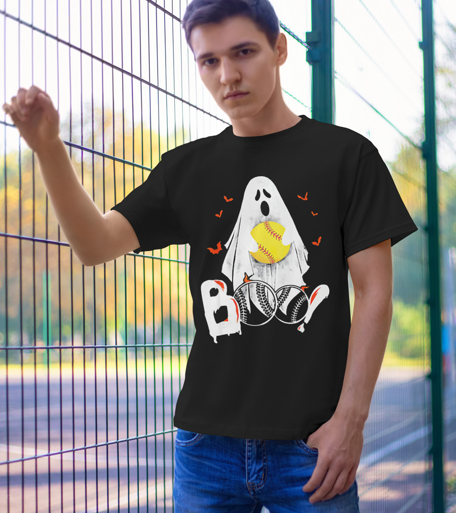 Ghostly Boo Softball With Yellow Softball And Bats T-Shirt