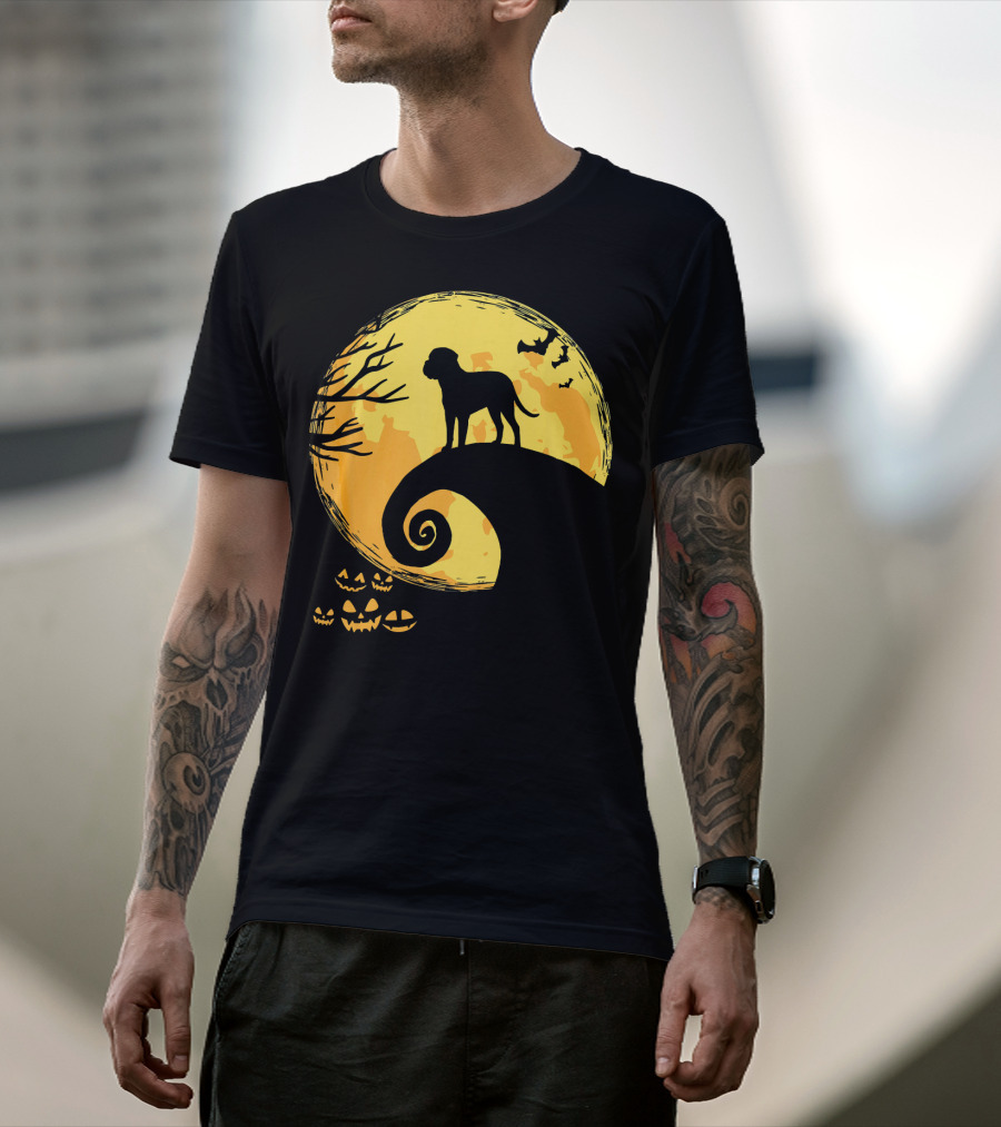 Bullmastiff Silhouette Moonlit Halloween Scene With Pumpkins And Bats T-Shirt
