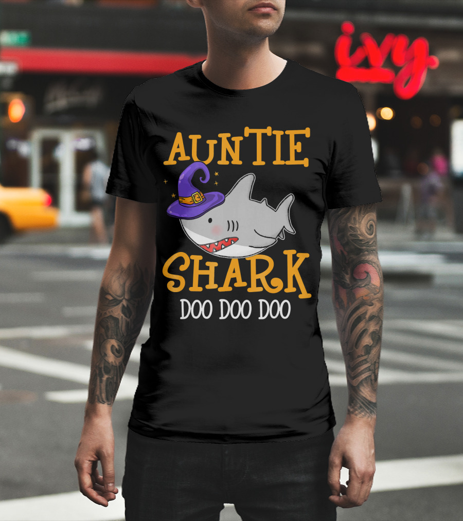 Auntie Shark Doo Doo Doo Funny Halloween With Witch Hat T-Shirt