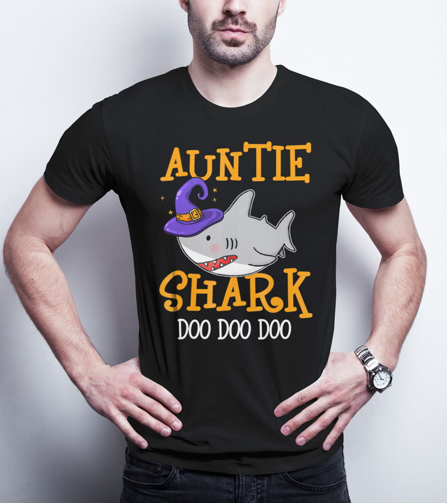 Auntie Shark Doo Doo Doo Funny Halloween With Witch Hat T-Shirt