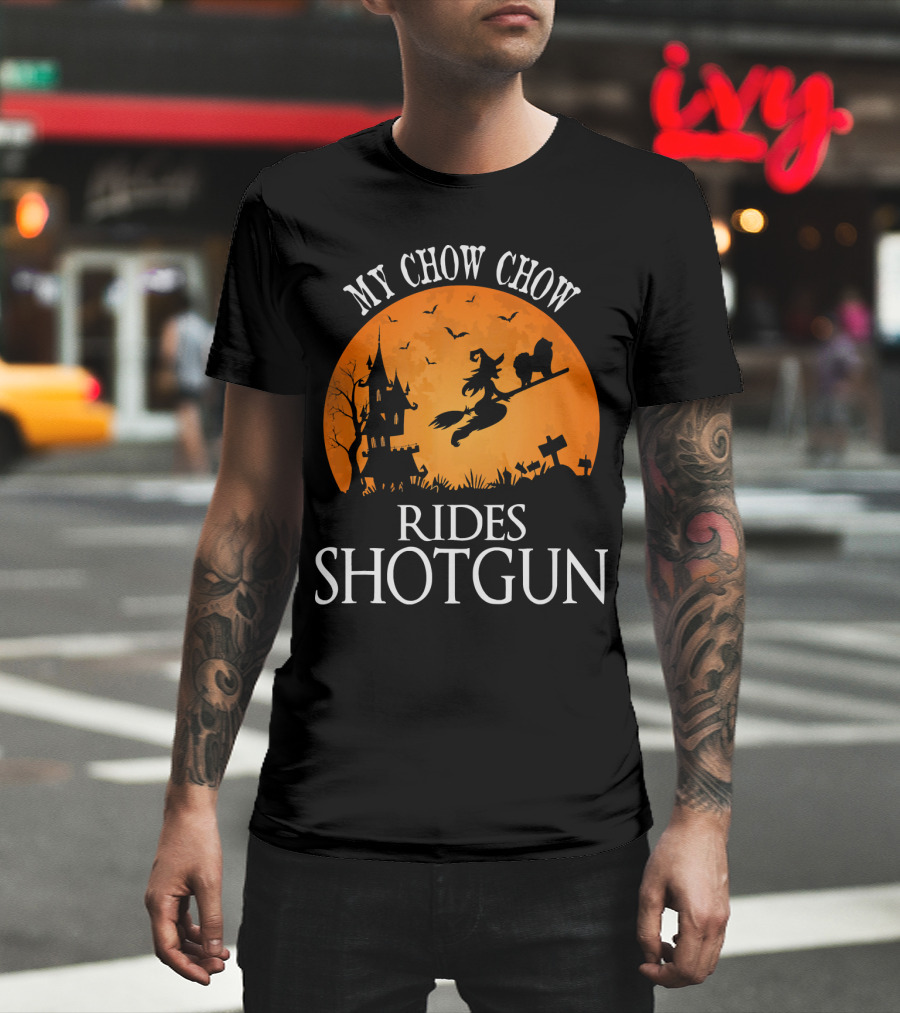 My Chow Chow Rides Shotgun Witch Silhouette Halloween Scene T-Shirt