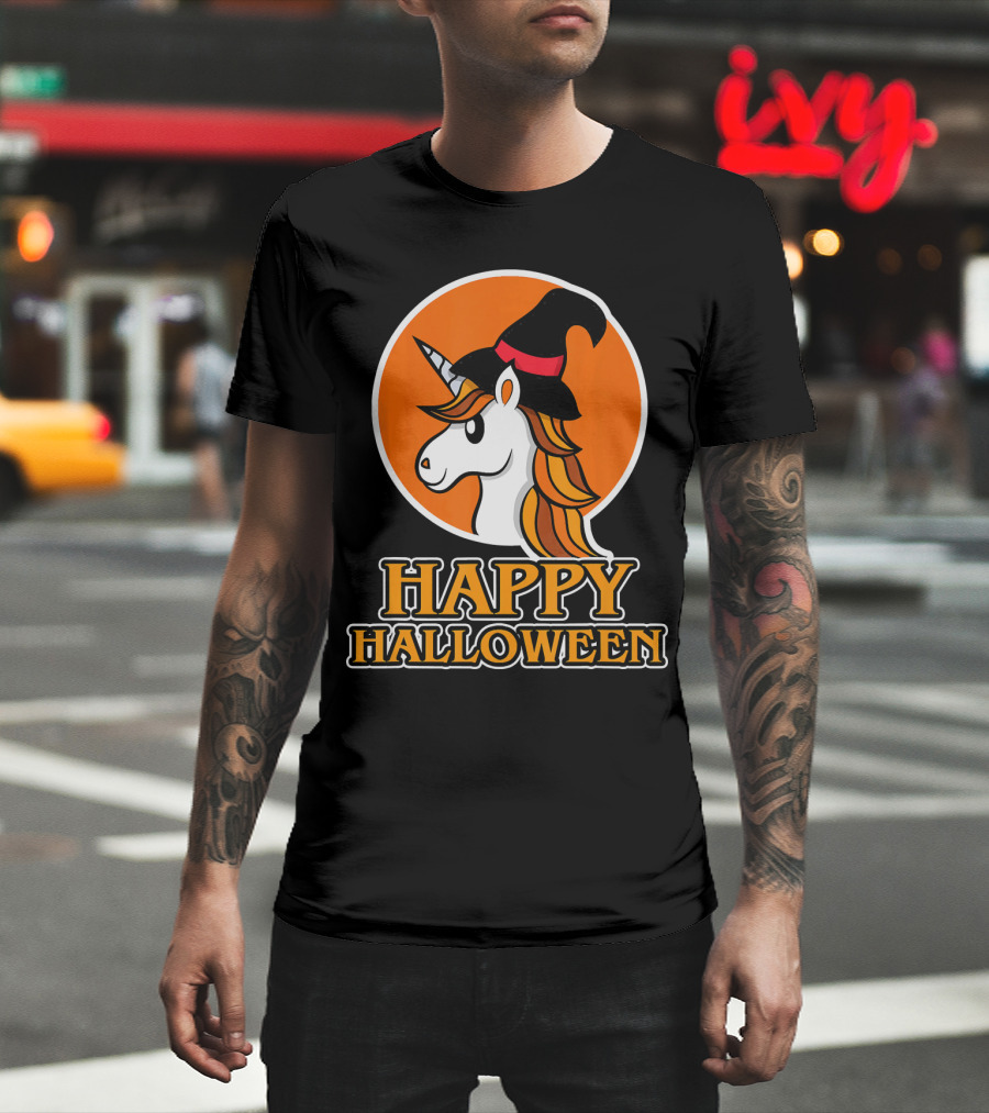 Happy Halloween Unicorn With Witch Hat T-Shirt