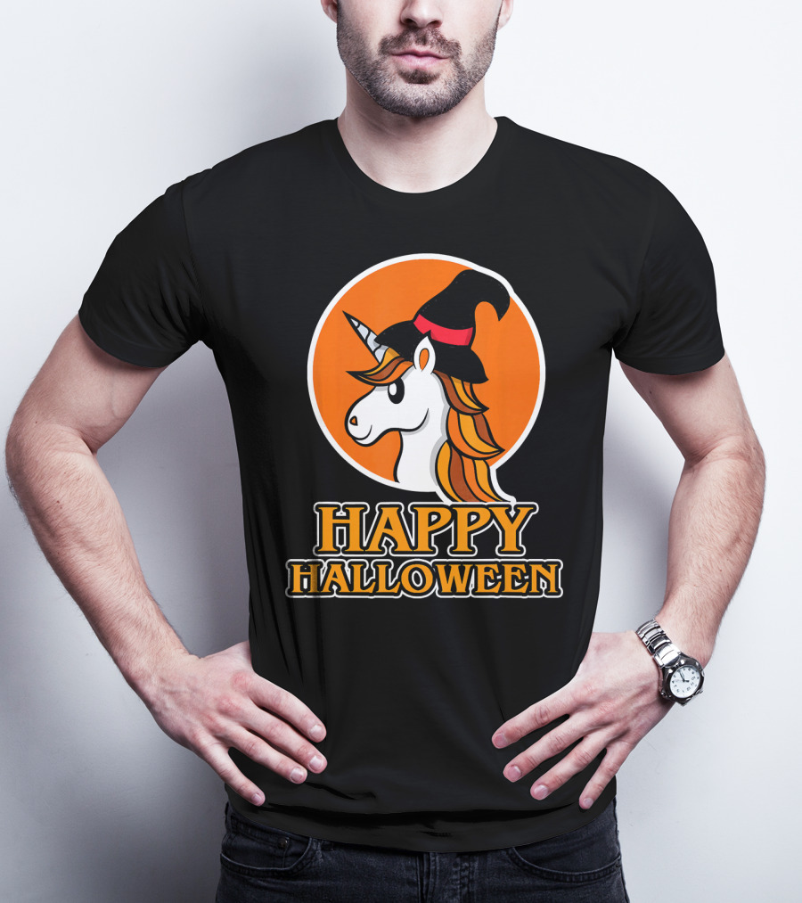 Happy Halloween Unicorn With Witch Hat T-Shirt
