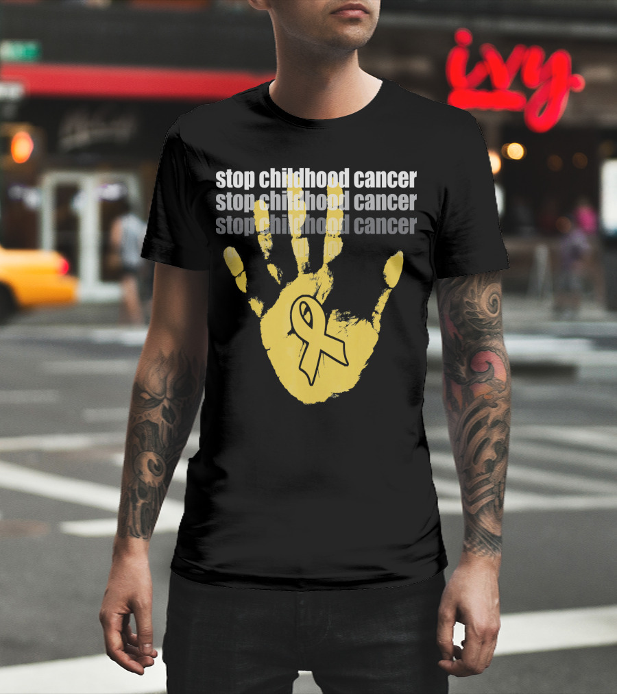 Stop Childhood Cancer Yellow Handprint Ribbon Awareness T-Shirt