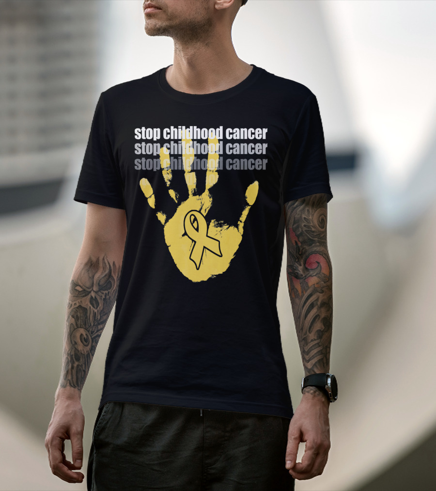 Stop Childhood Cancer Yellow Handprint Ribbon Awareness T-Shirt