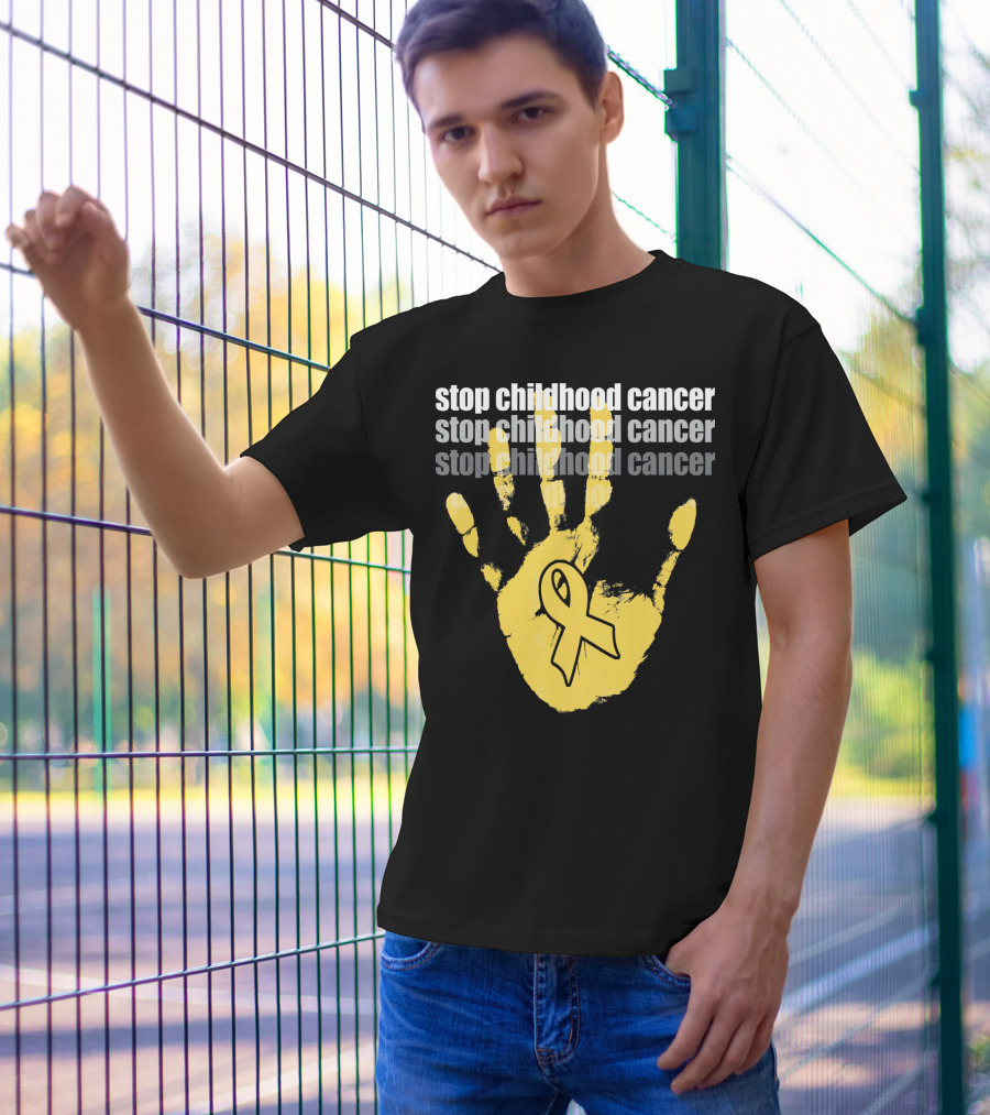 Stop Childhood Cancer Yellow Handprint Ribbon Awareness T-Shirt
