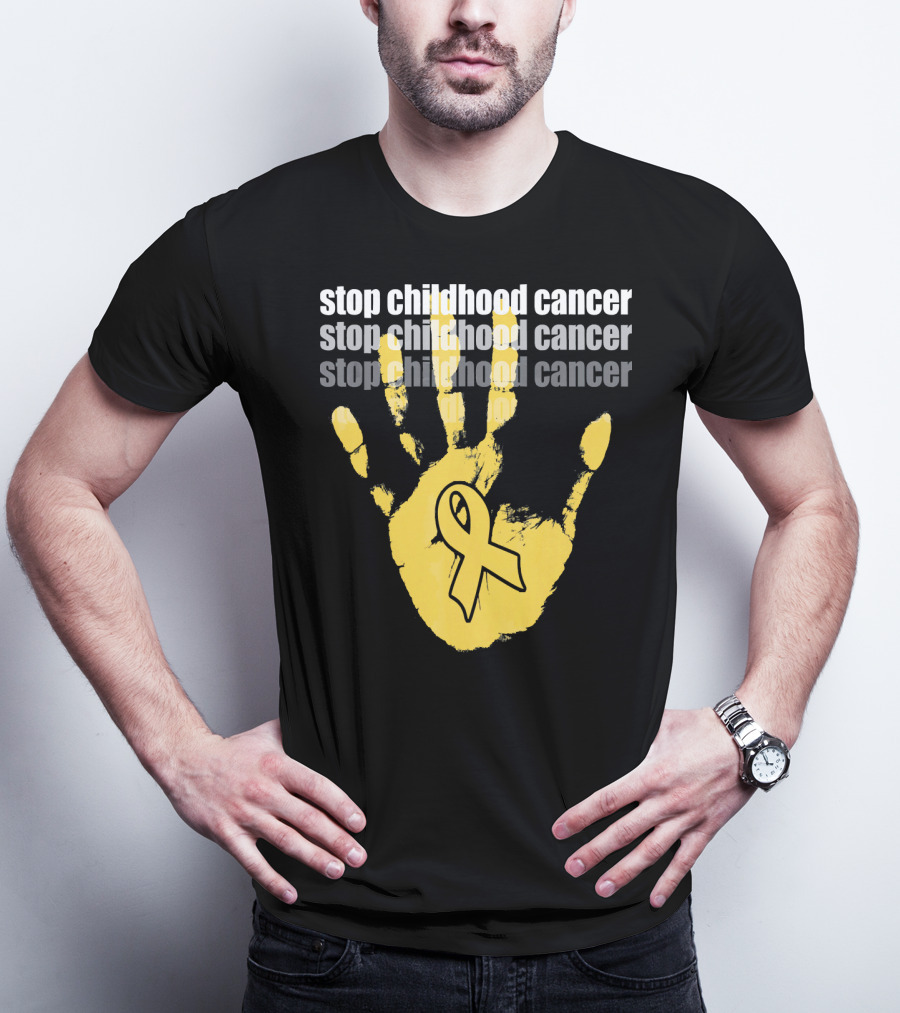 Stop Childhood Cancer Yellow Handprint Ribbon Awareness T-Shirt
